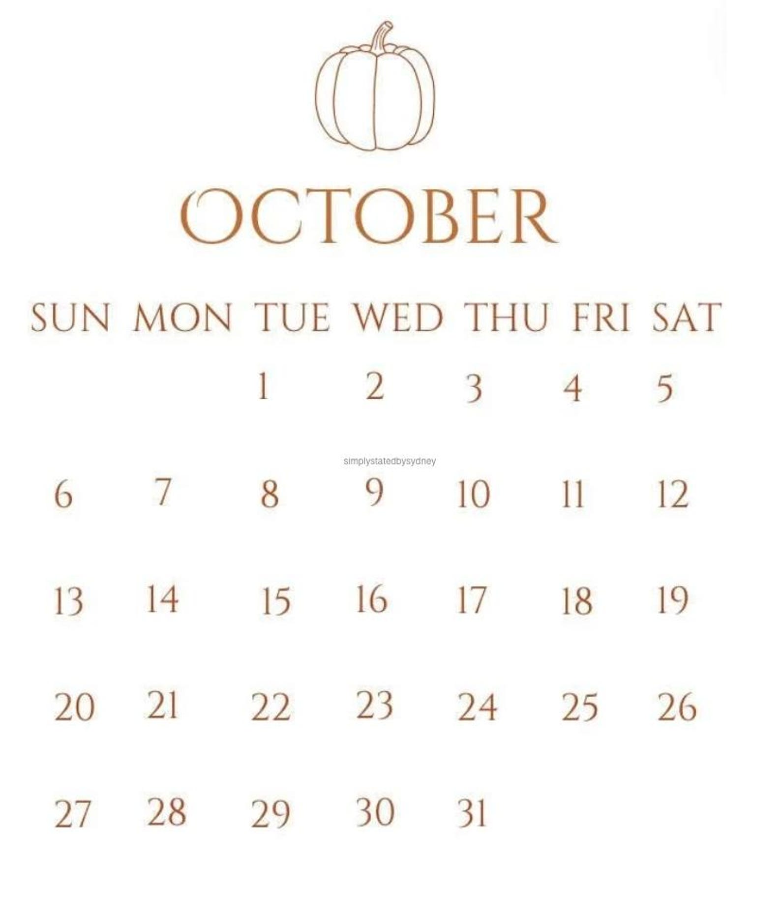 October 2024 Simple Gold Pumpkin Calendar Digital Download - Etsy