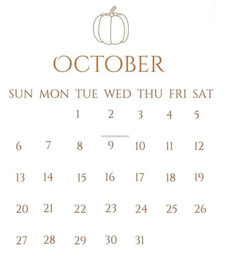 October 2024 Simple Gold Pumpkin Calendar Digital Download - Etsy