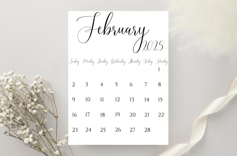 February 2025 B&W Elegant Cursive Calendar Digital Download - Etsy