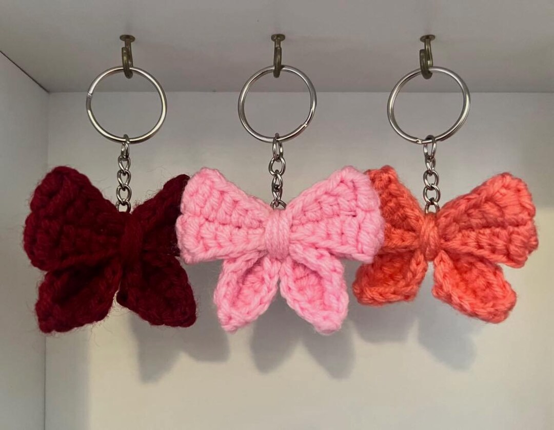 Crochet Bow Keychain, Pink Coquette Bow Bag Keychain Charm, More Colors ...