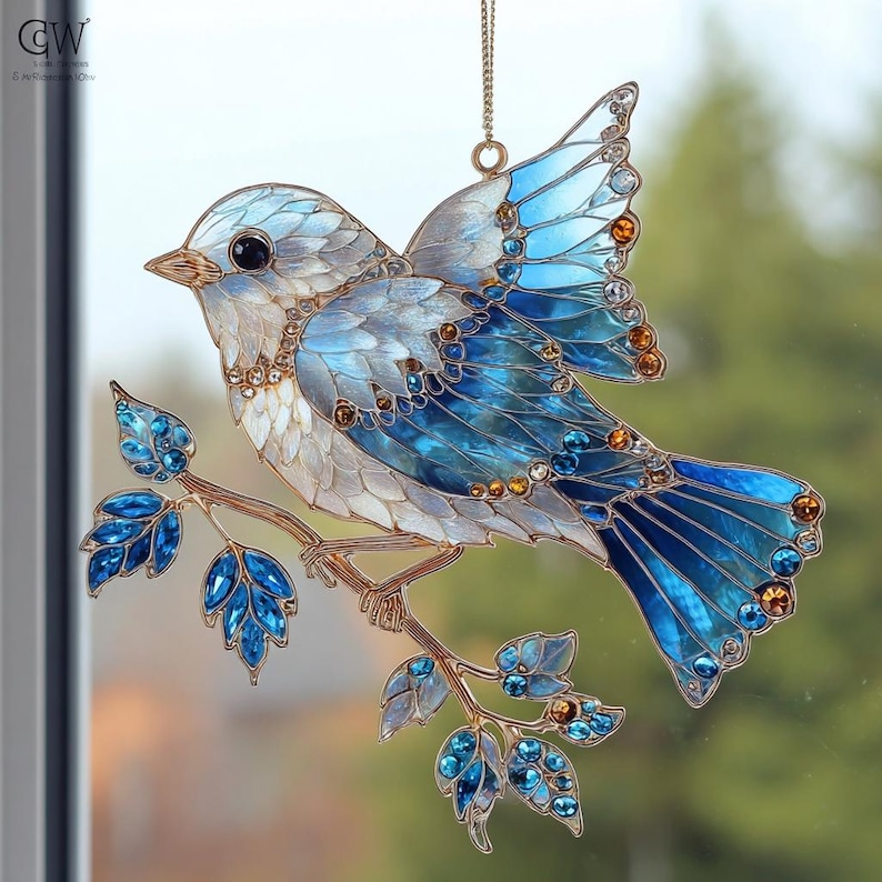 Blue Bird Suncatcher: Faux Stained Glass Window Hanging - Etsy