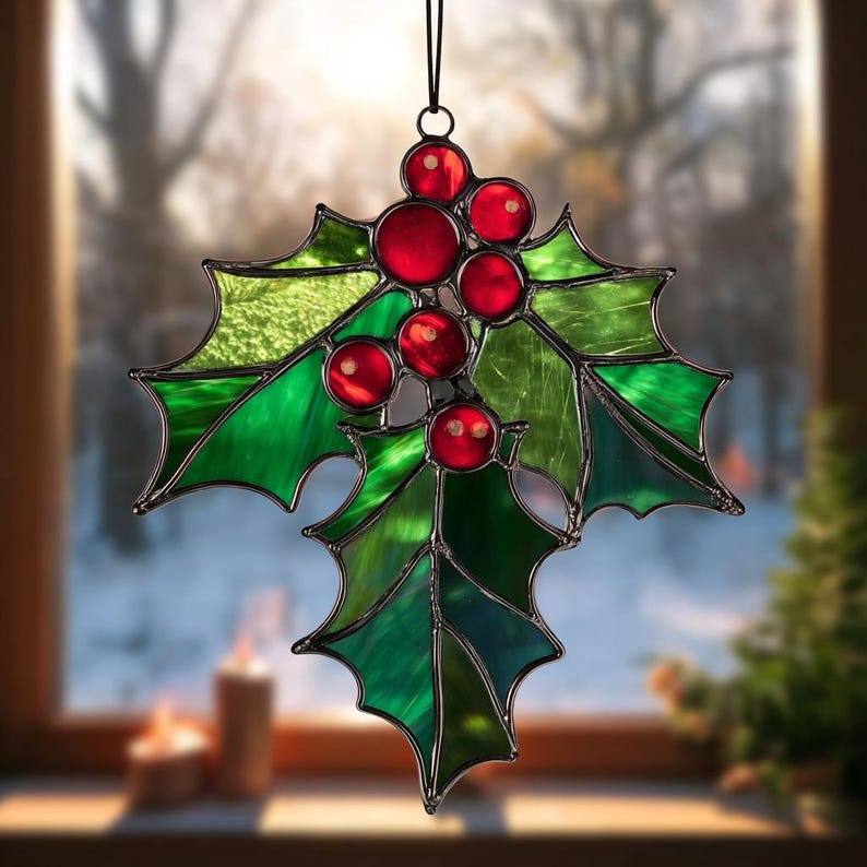 Holly Leaf Suncatcher, Faux Stained Glass Christmas Ornament - Etsy