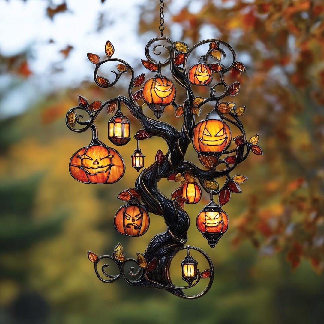 Jack-o’-lantern Tree Acrylic Suncatcher – Faux Stained Glass Halloween ...