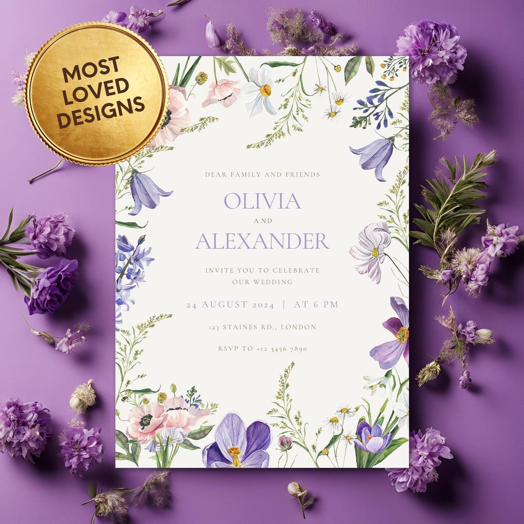 Purple Floral Invitation Template Wedding Invitation Boho Invitation ...