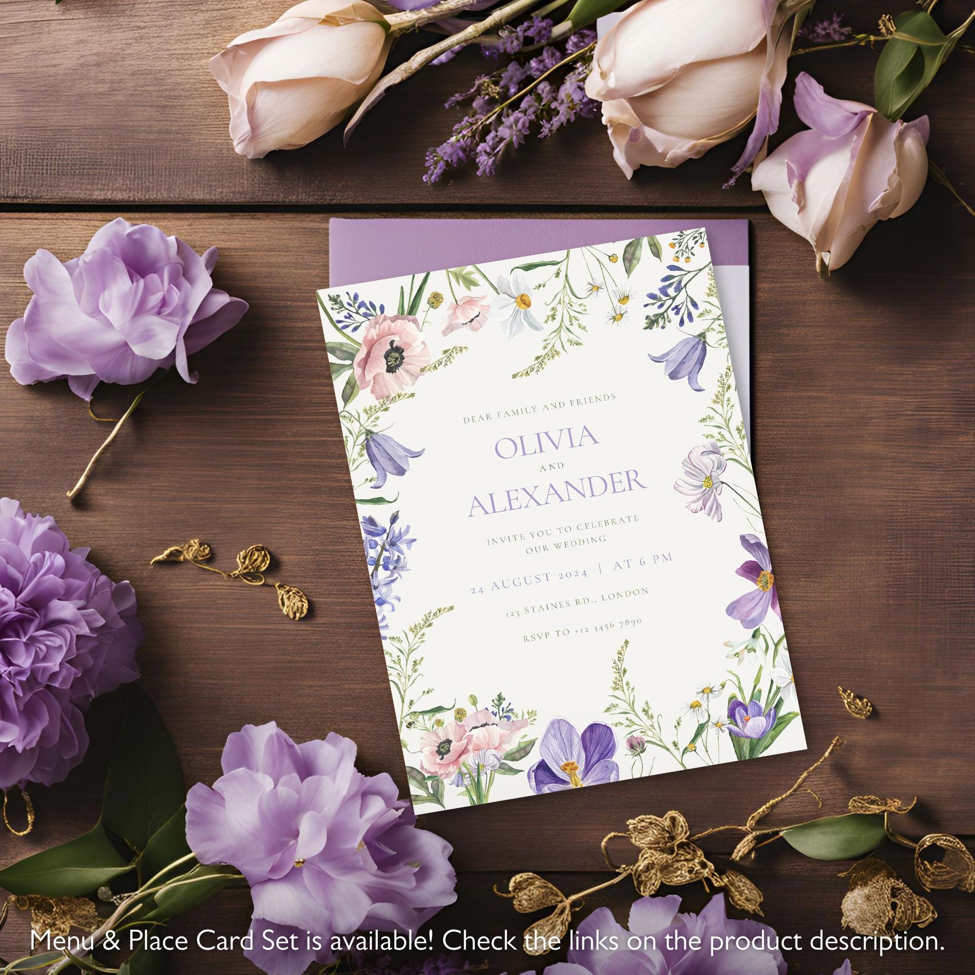 Purple Floral Invitation Template Wedding Invitation Boho Invitation ...