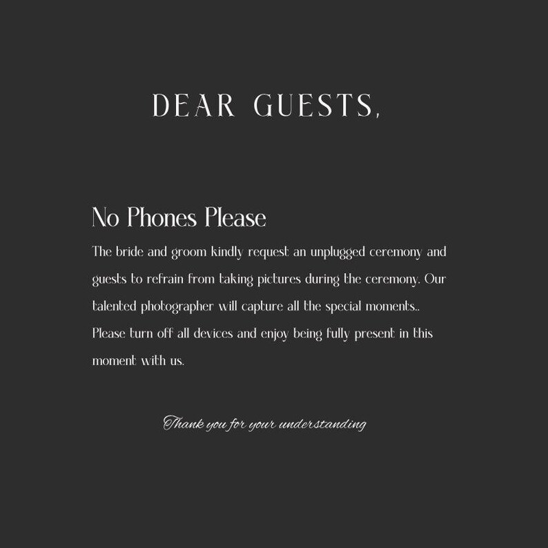No Cell Phones Wedding Poster - Modern and Elegant Digital Print - Etsy