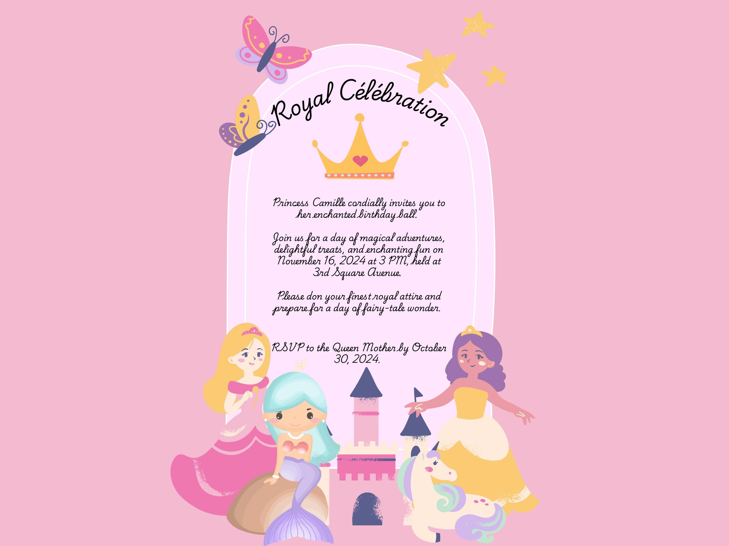 Magical Princess Birthday Invitation Template 5x7 Inch Card & 1080x1920 ...