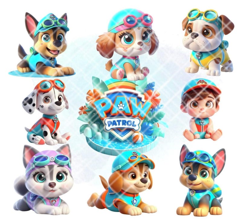 Paw Patrol Pool Party PNG Pack, Cute Rescued Puppies Clip Art, DIY Kids ...