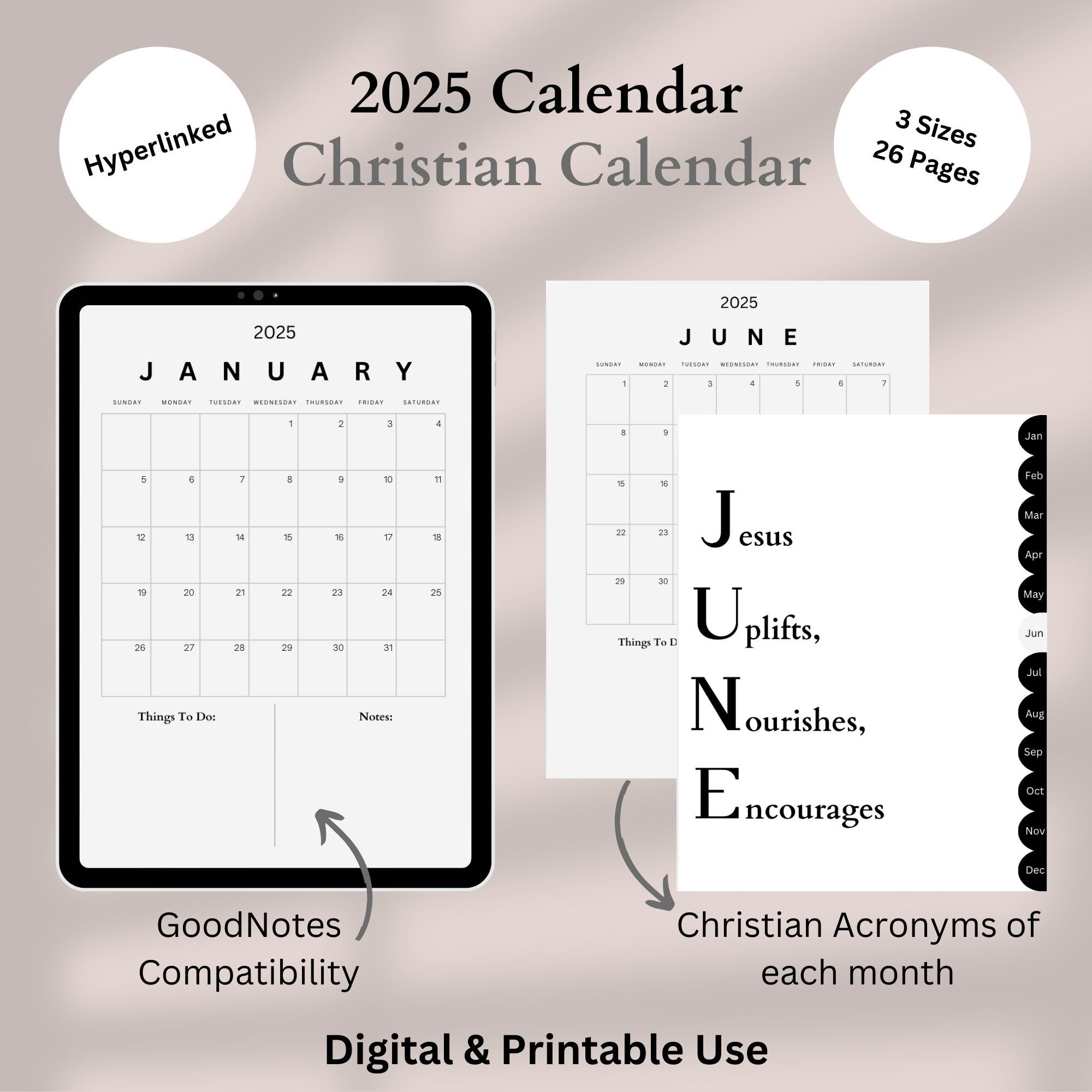 2025 Christian Calendar, Printable, Goodnotes Monthly Calendar, Digital ...