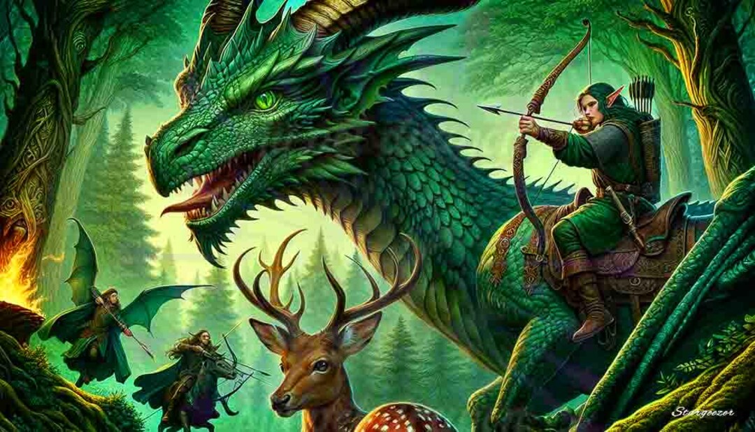 Mythical Dragon Helping Hunters Poster Fantasy Wall Art Print Unique ...