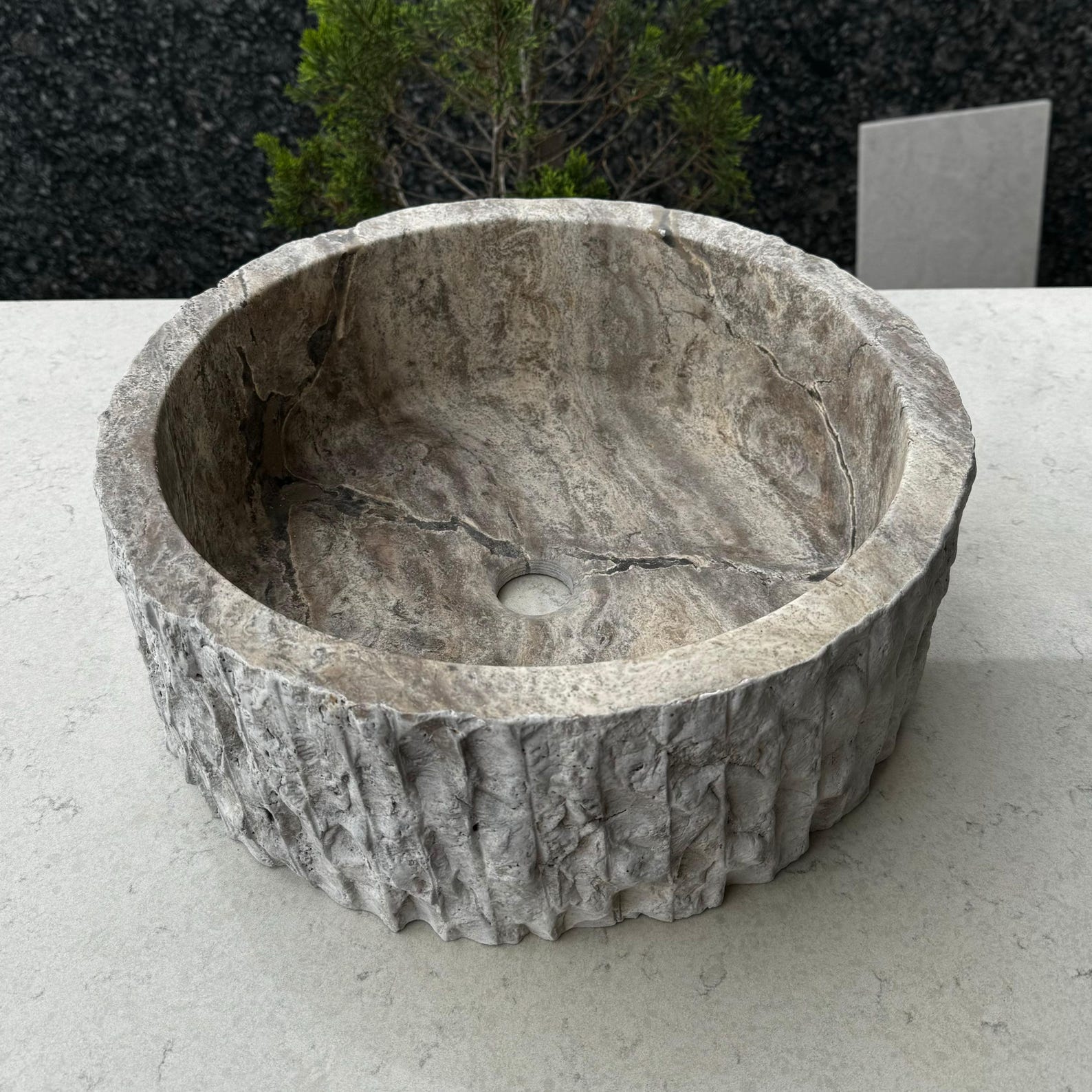 Silver Travertine Vessel Sink, Circle Chiseled Natural Stone Bathroom ...