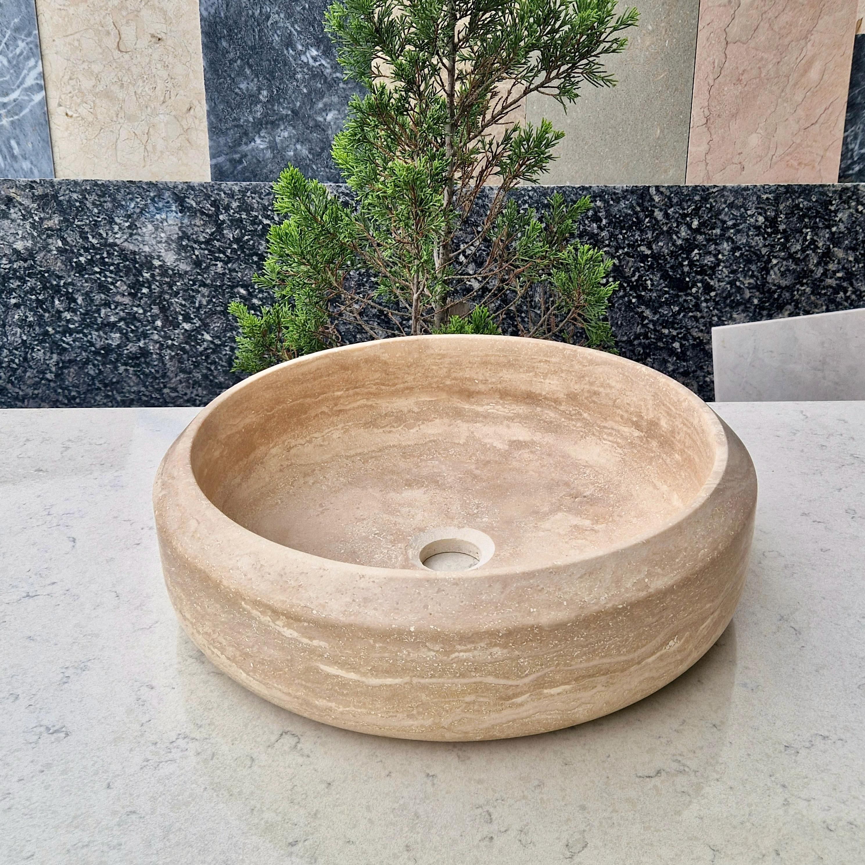 Japandi Bathroom Vessel Sink, Travertine Vanity Sink, Modern Powder ...