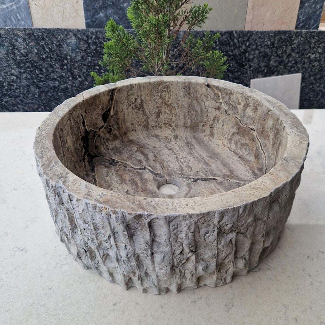Silver Travertine Vessel Sink, Circle Chiseled Natural Stone Bathroom ...