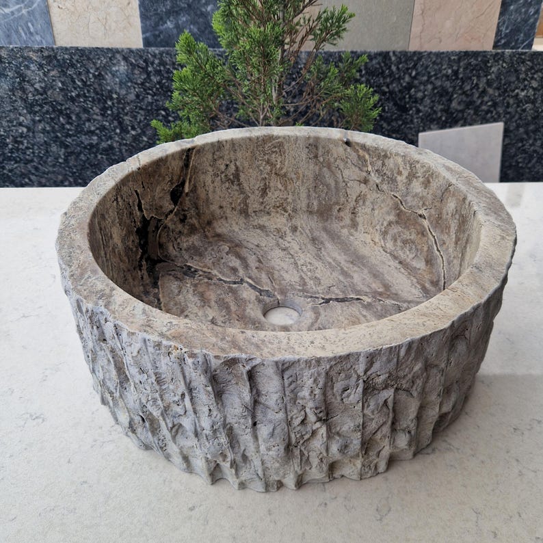 Silver Travertine Vessel Sink, Circle Chiseled Natural Stone Bathroom ...