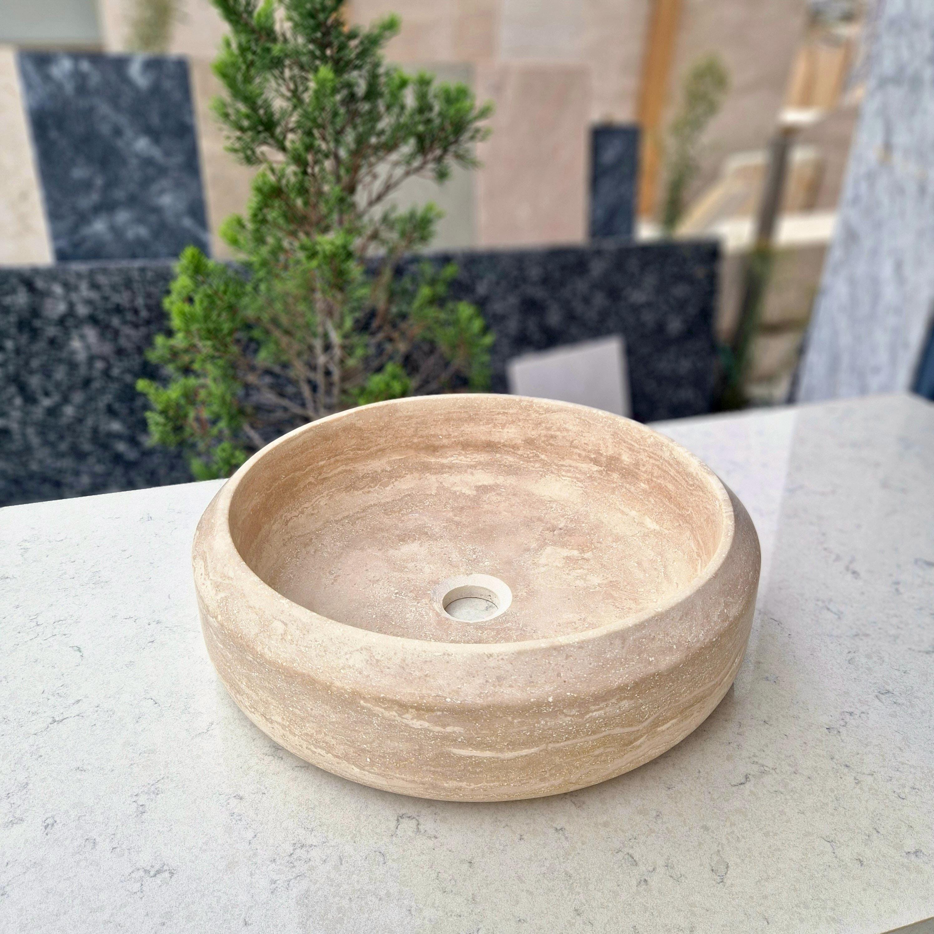 Japandi Bathroom Vessel Sink, Travertine Vanity Sink, Modern Powder ...