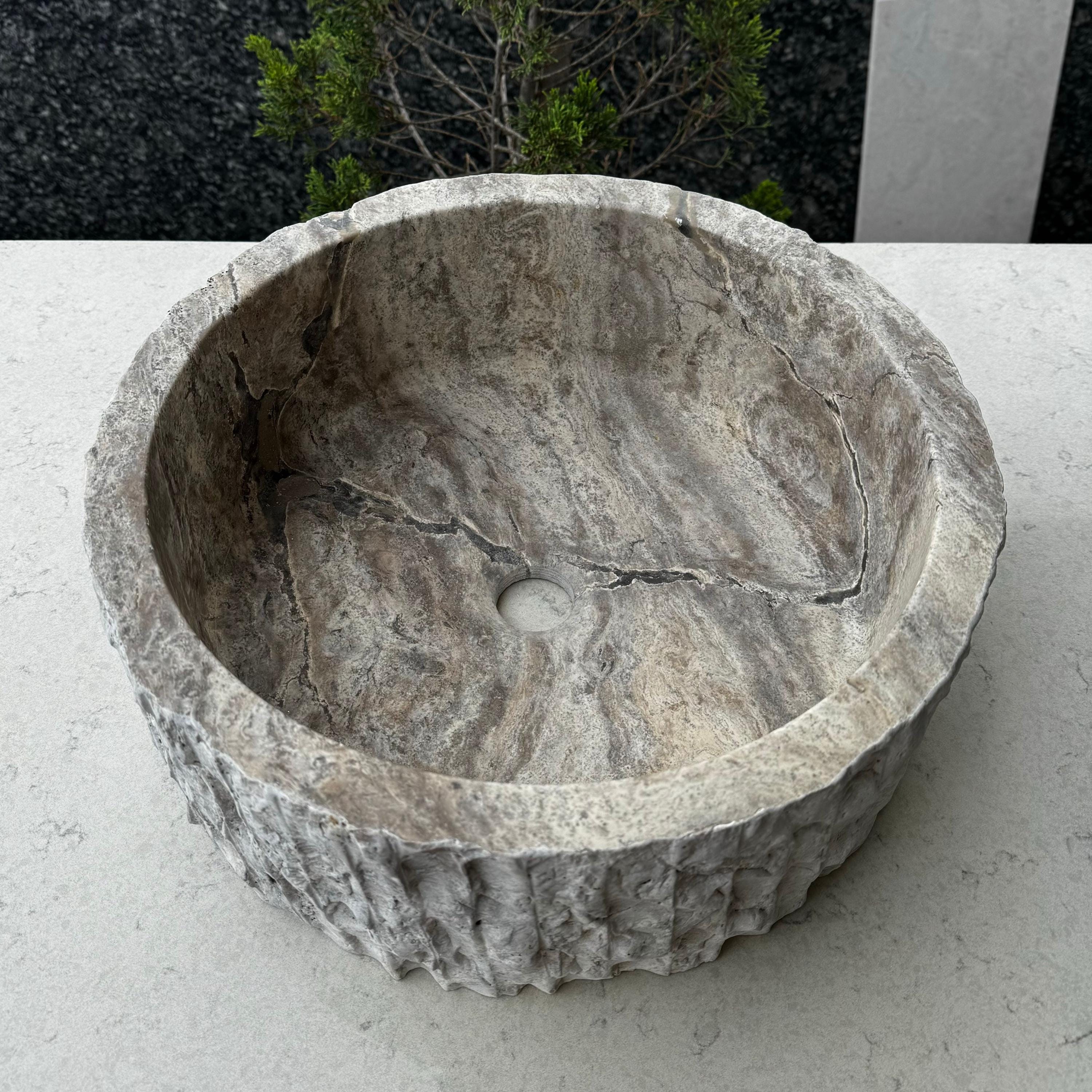 Silver Travertine Vessel Sink, Circle Chiseled Natural Stone Bathroom ...