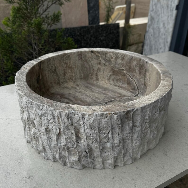 Silver Travertine Vessel Sink, Circle Chiseled Natural Stone Bathroom ...