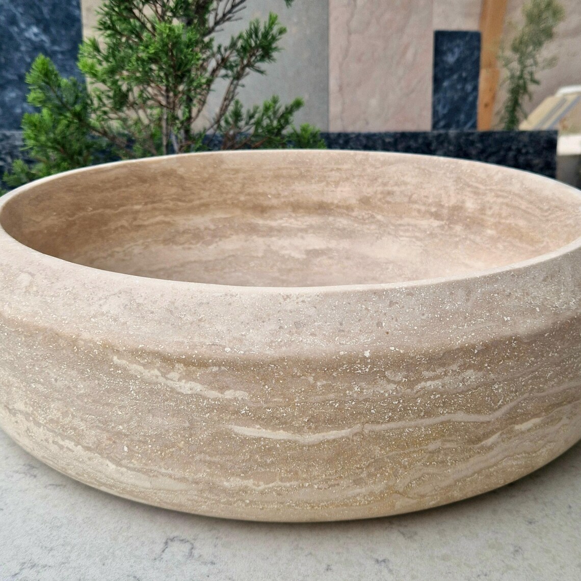 Japandi Bathroom Vessel Sink, Travertine Vanity Sink, Modern Powder ...