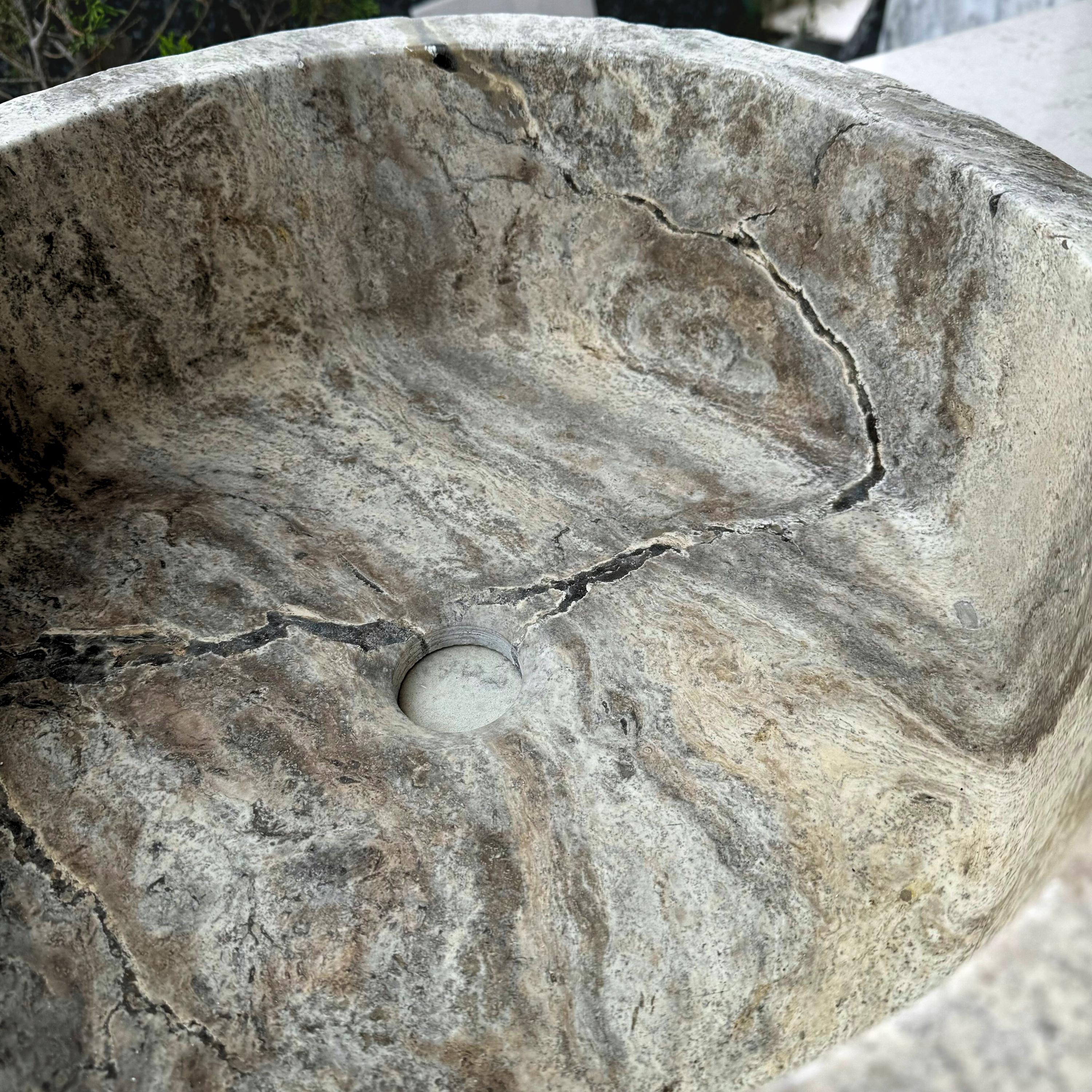 Silver Travertine Vessel Sink, Circle Chiseled Natural Stone Bathroom ...