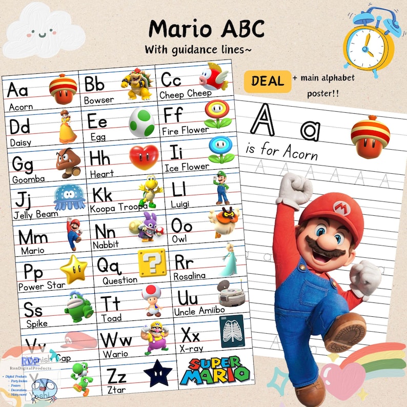 Mario ABC Chart Printable | Printable Kindergarten Wall Art Alphabet ...
