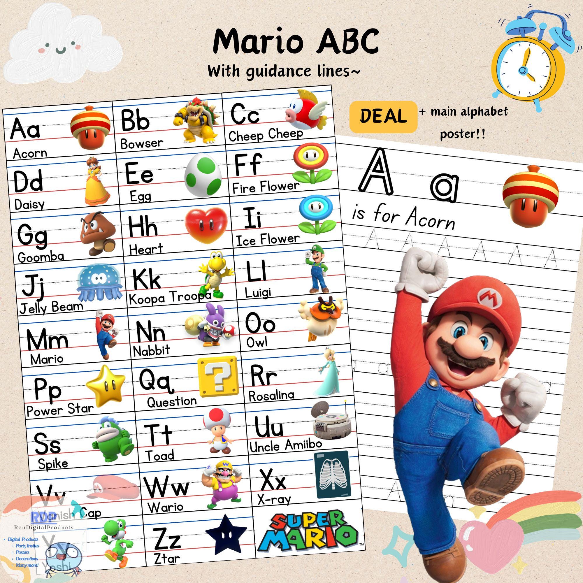 Mario ABC Chart Printable | Printable Kindergarten Wall Art Alphabet ...