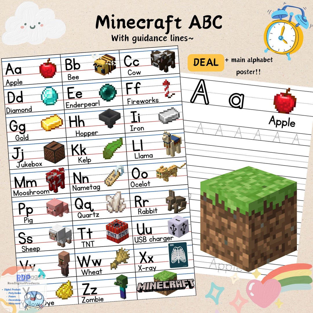 Minecraft ABC Chart Printable Printable Kindergarten Wall Art Alphabet ...