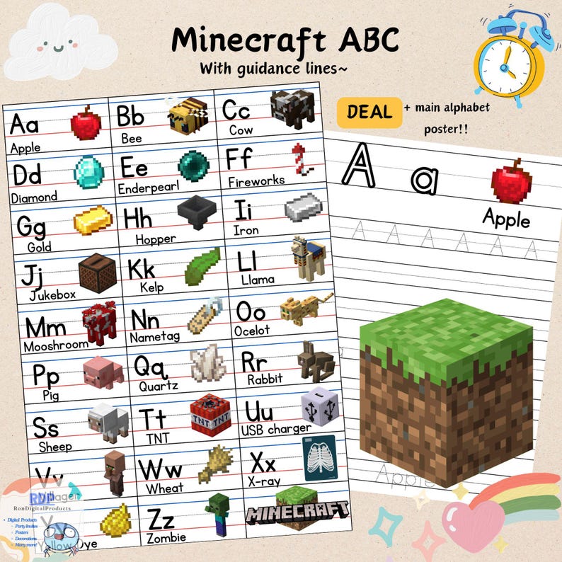 Minecraft ABC Chart Printable Printable Kindergarten Wall Art Alphabet ...
