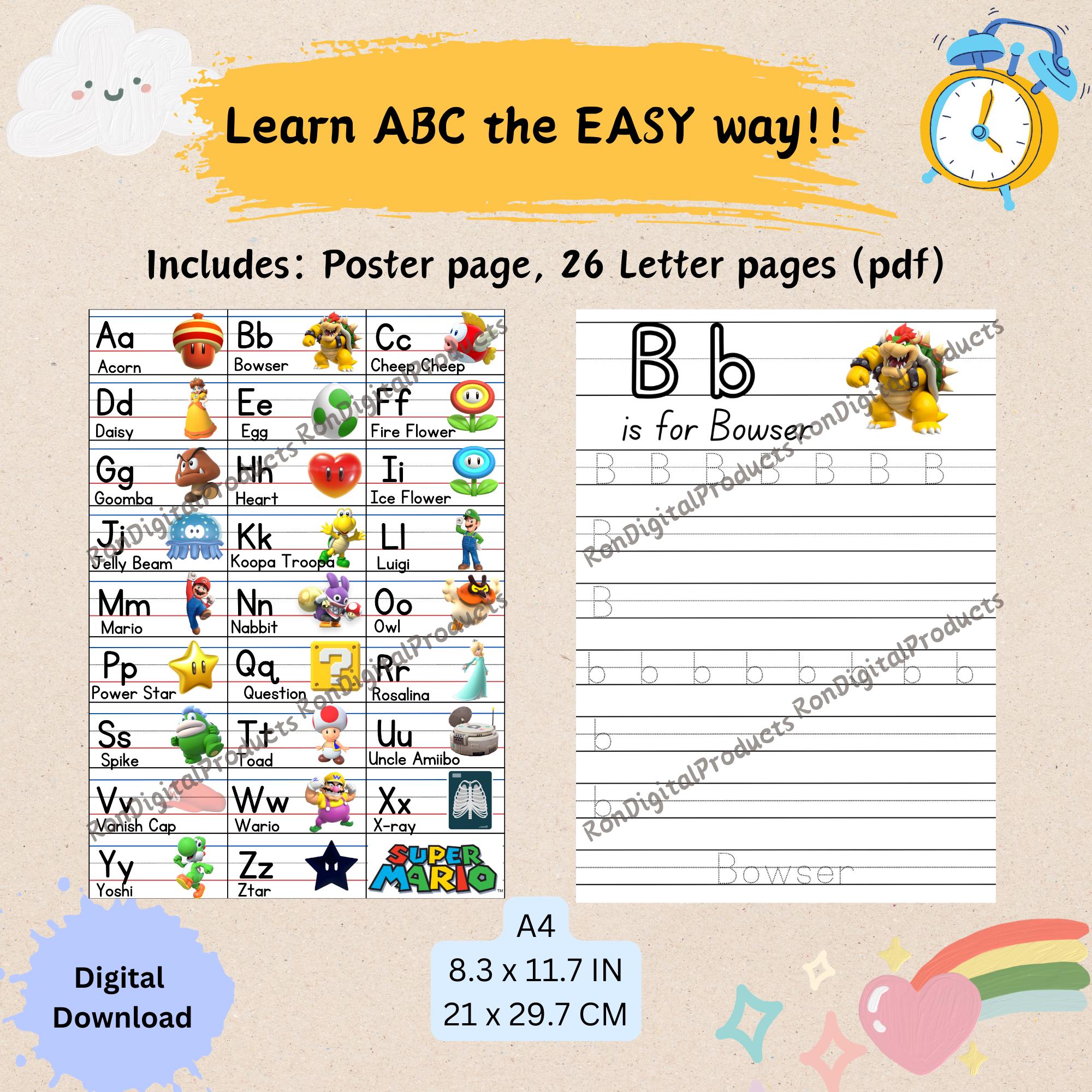 Mario ABC Chart Printable | Printable Kindergarten Wall Art Alphabet ...