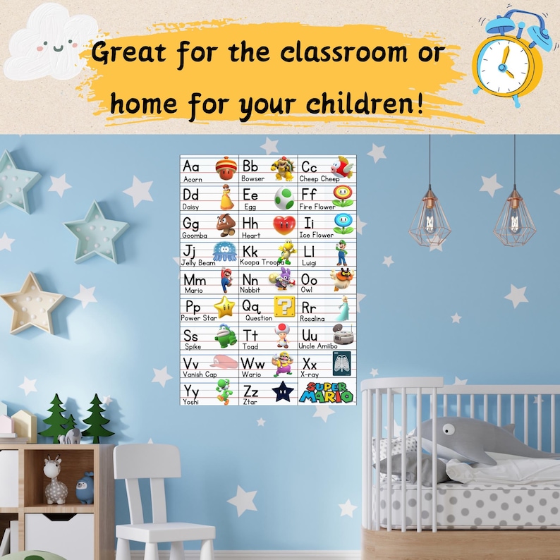 Mario ABC Chart Printable | Printable Kindergarten Wall Art Alphabet ...