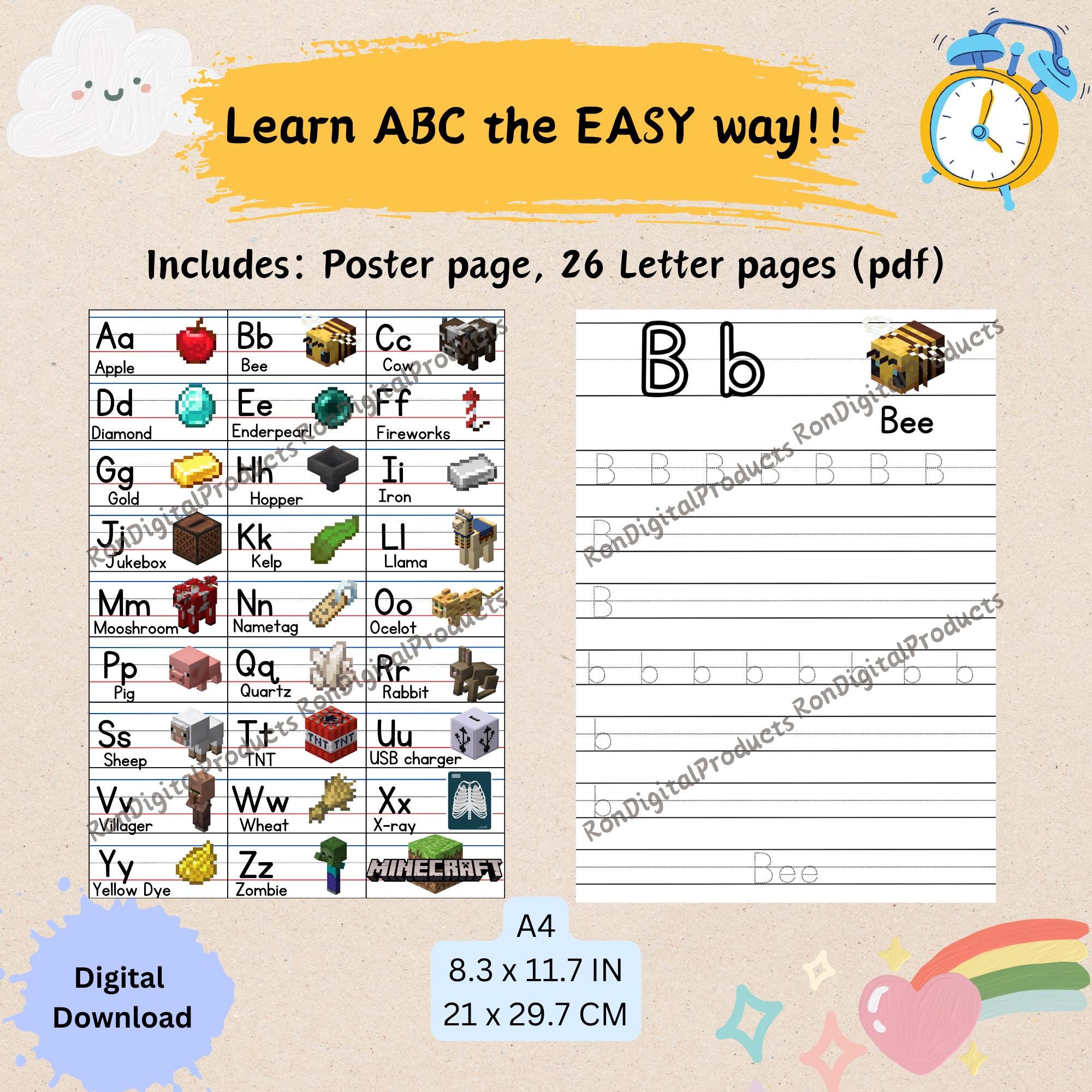 Minecraft ABC Chart Printable Printable Kindergarten Wall Art Alphabet ...
