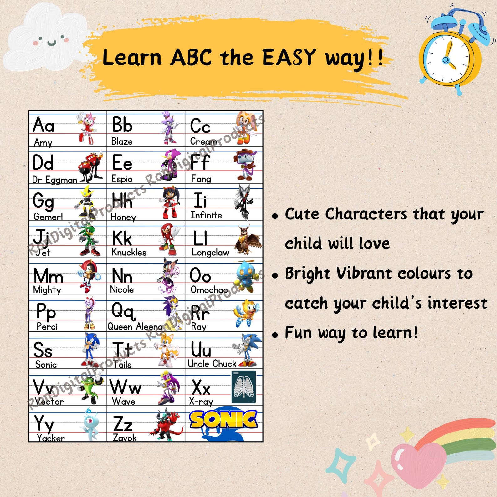 Sonic ABC Chart Printable | Printable Kindergarten Wall Art Alphabet ...
