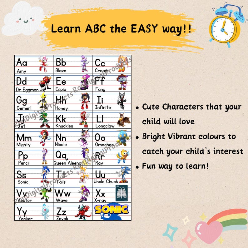 Sonic ABC Chart Printable | Printable Kindergarten Wall Art Alphabet ...