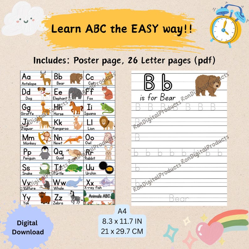 Animals ABC Chart Printable | Printable Kindergarten Wall Art Alphabet ...