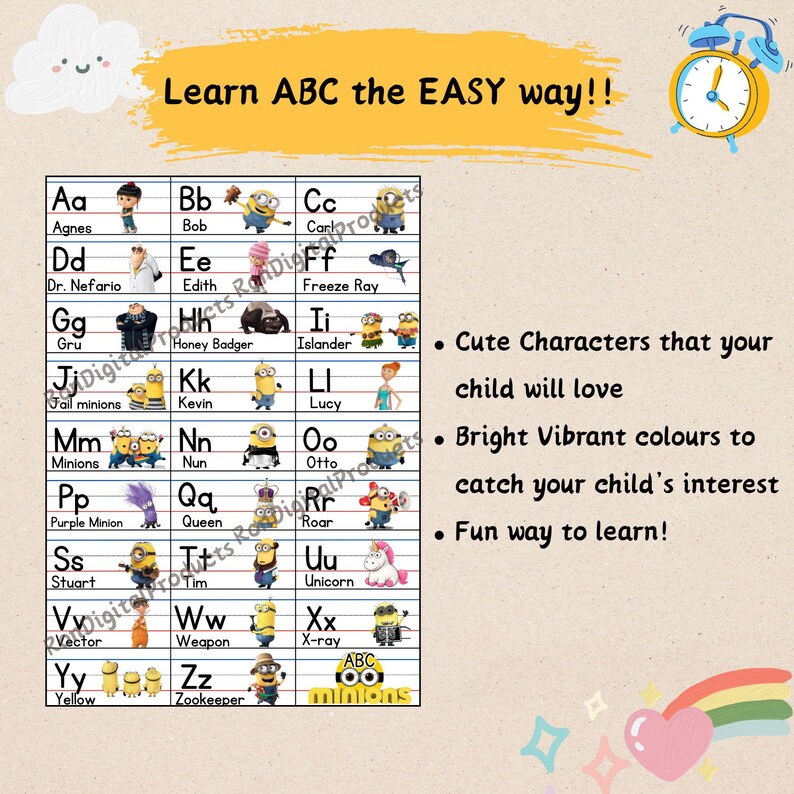 Minions ABC Chart Printable | Printable Kindergarten Wall Art Alphabet ...