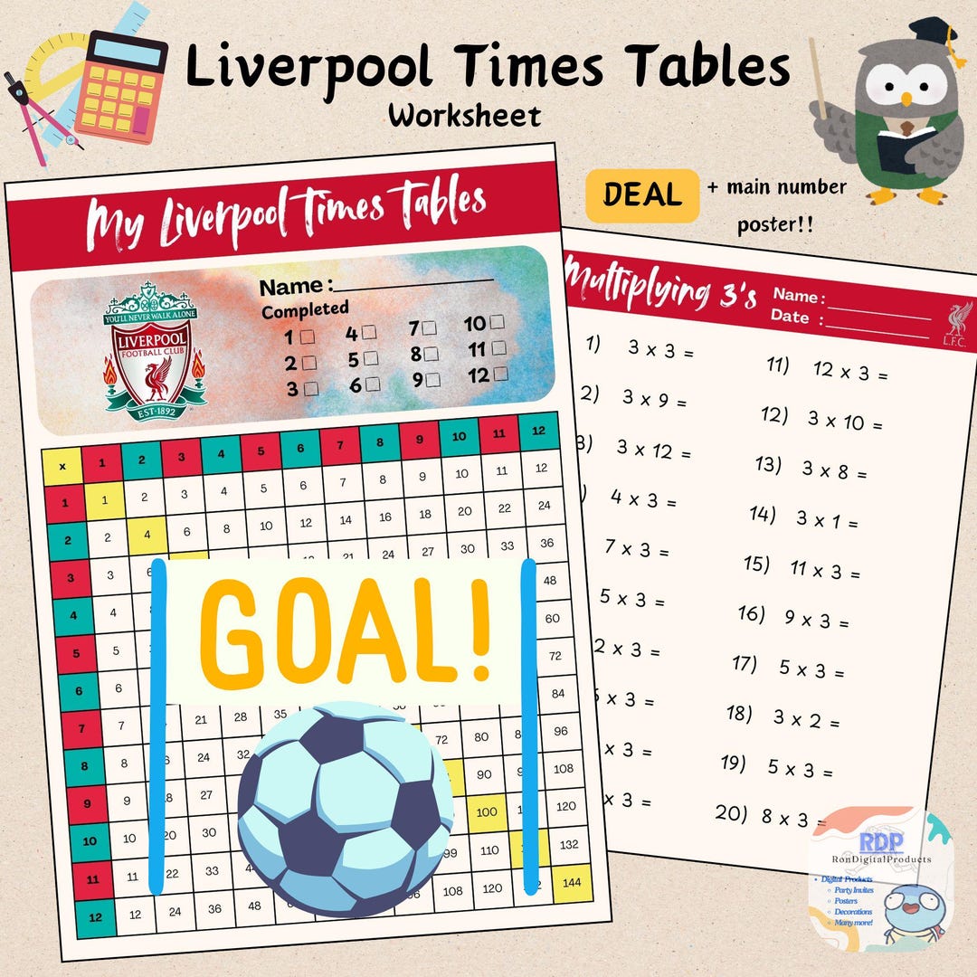 Liverpool FC Times Tables 1 to 12 Printable | Printable Kids Wall Art ...