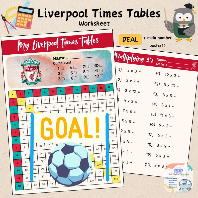 Liverpool FC Times Tables 1 to 12 Printable | Printable Kids Wall Art ...