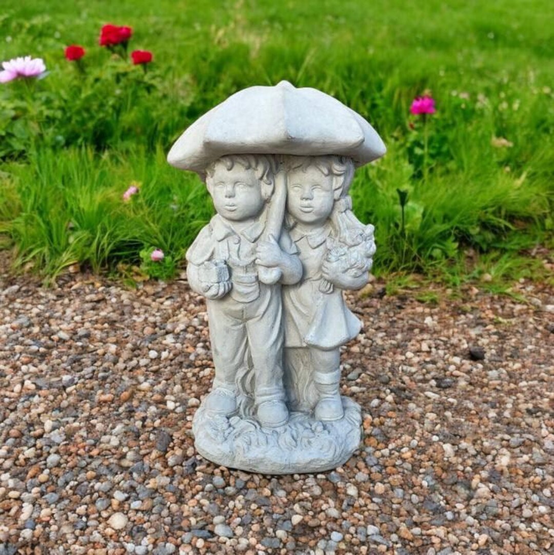Concrete Boy and Girl Statue Garden Kids Under Umbrella Stone Sculpture ...