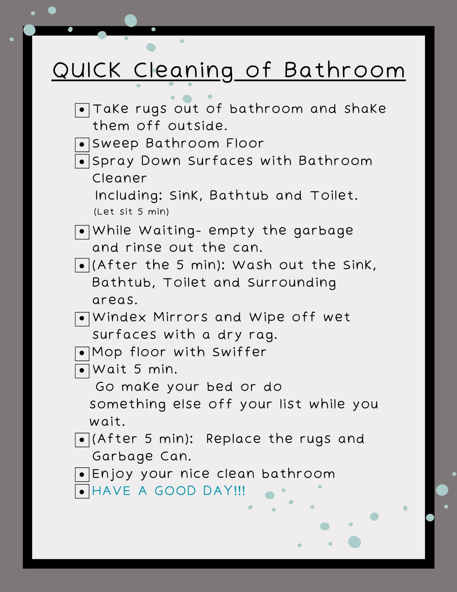 Clean Bathroom Chore Chart Kid Friendly Interactive Worksheet Quick ...
