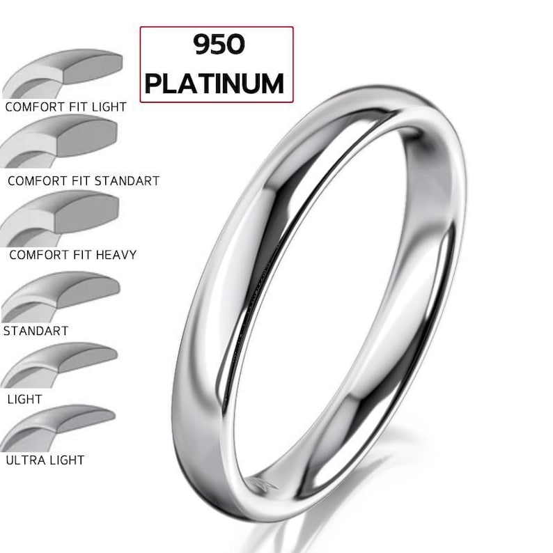 Platinum Ring 950 (3mm) Wedding Band | Half Rounded | Polished | Comfort Fit | Men's Women's ...
