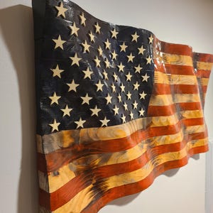 Wavy Wooden American Flag | Hand‑carved Deep‑wave Design | Raised Stars ...