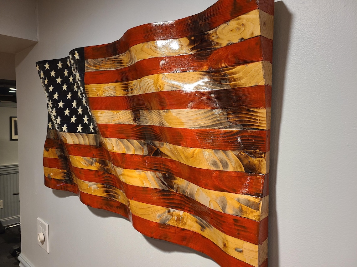 Wavy Wooden American Flag | Hand‑carved Deep‑wave Design | Raised Stars ...