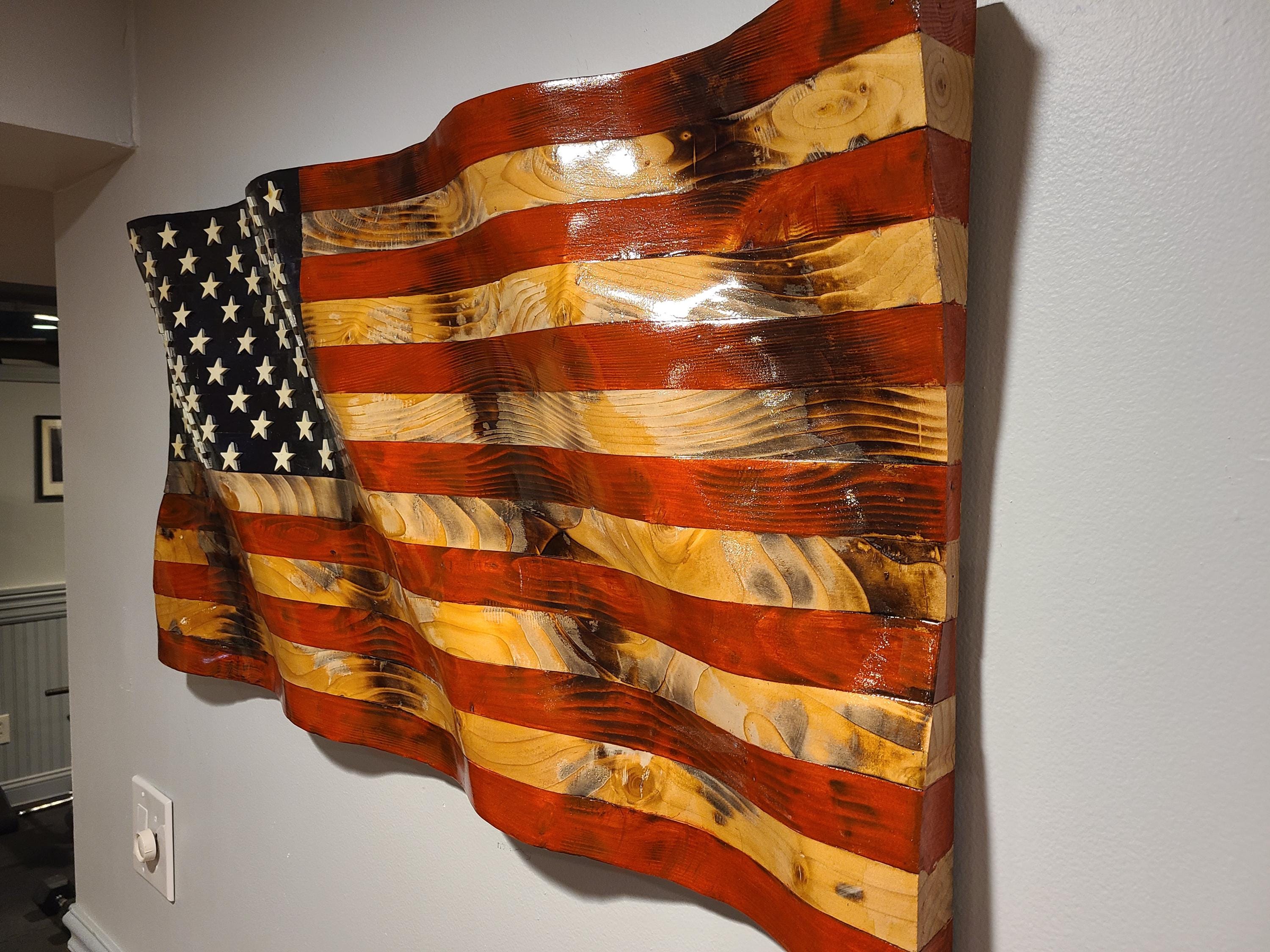Wavy Wooden American Flag | Hand‑carved Deep‑wave Design | Raised Stars ...