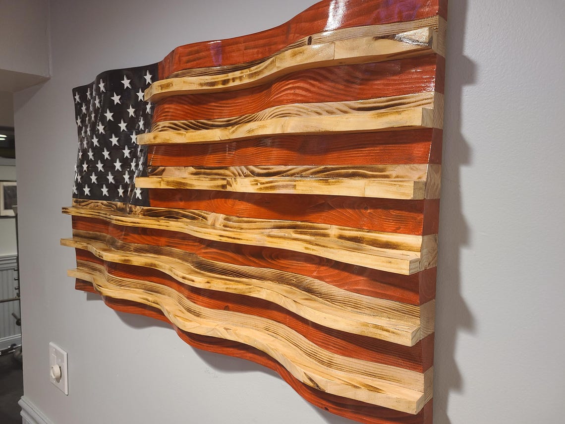 Wavy Wooden American Flag | Hand‑carved Rustic Wall Art | Raised Stars ...