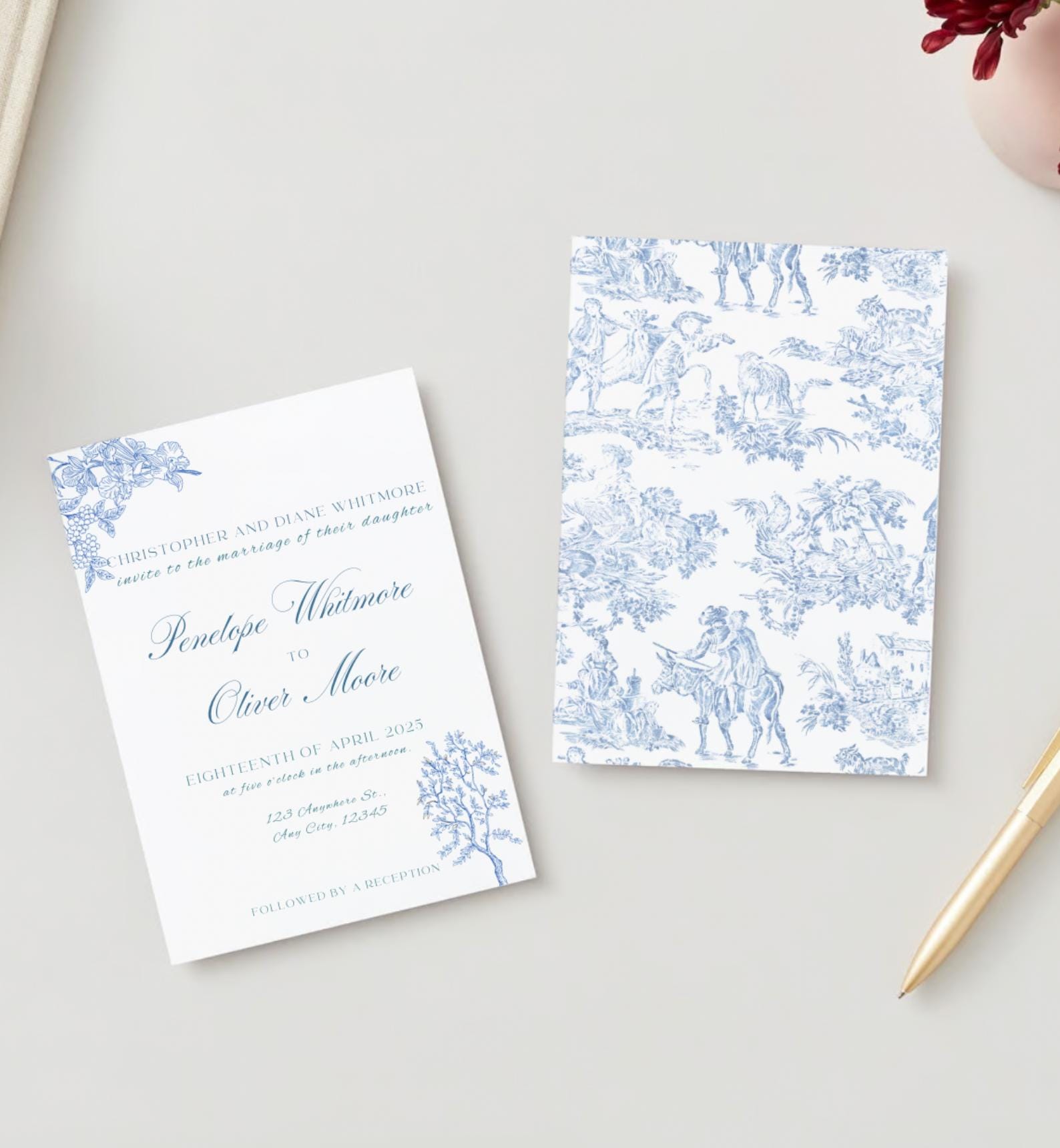 Blue Toile De Jouy Bundle Invitation Printable Template, Blue Fall ...