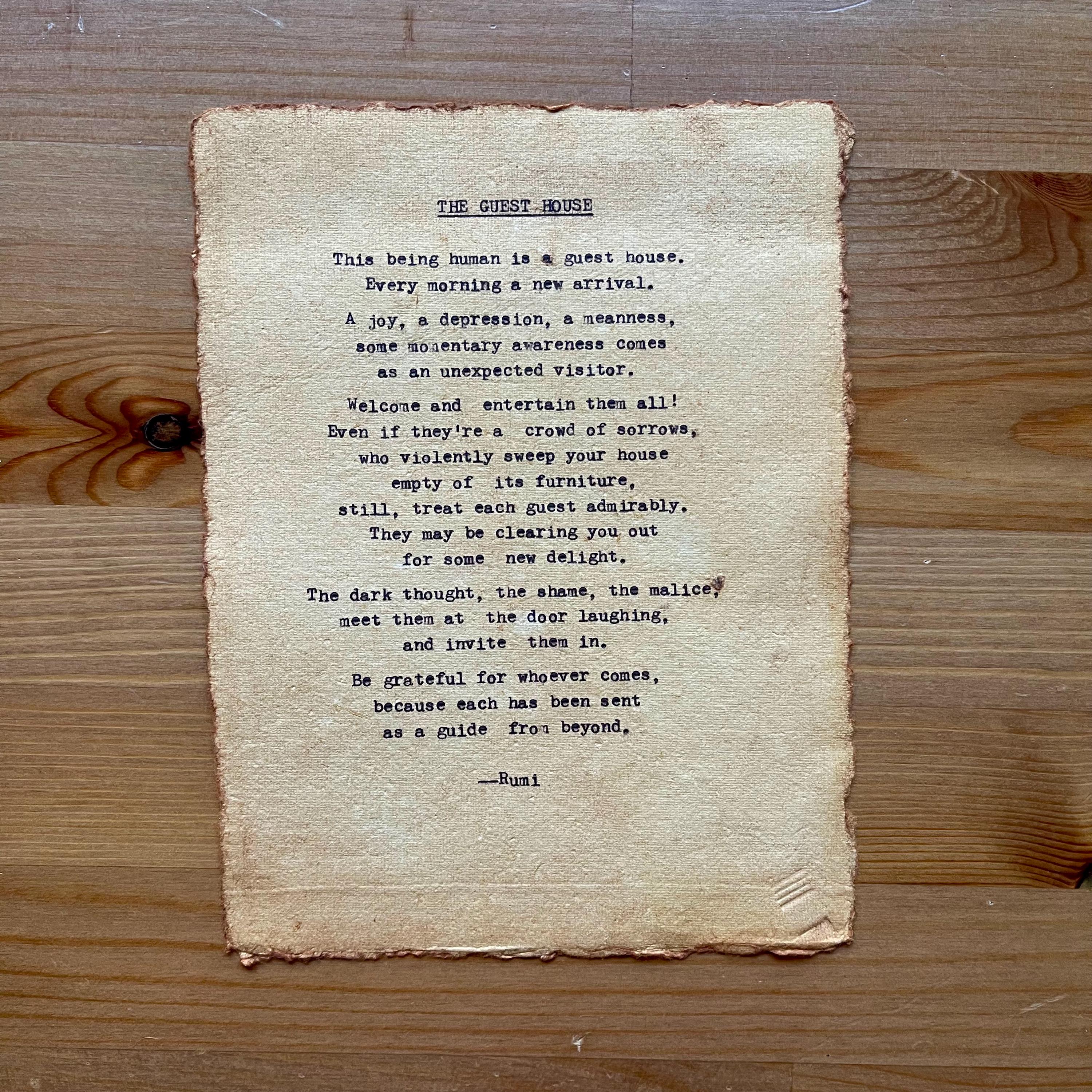 The Guest House | Rumi | Hand Typed Poem on Handmade Cotton Paper - Etsy