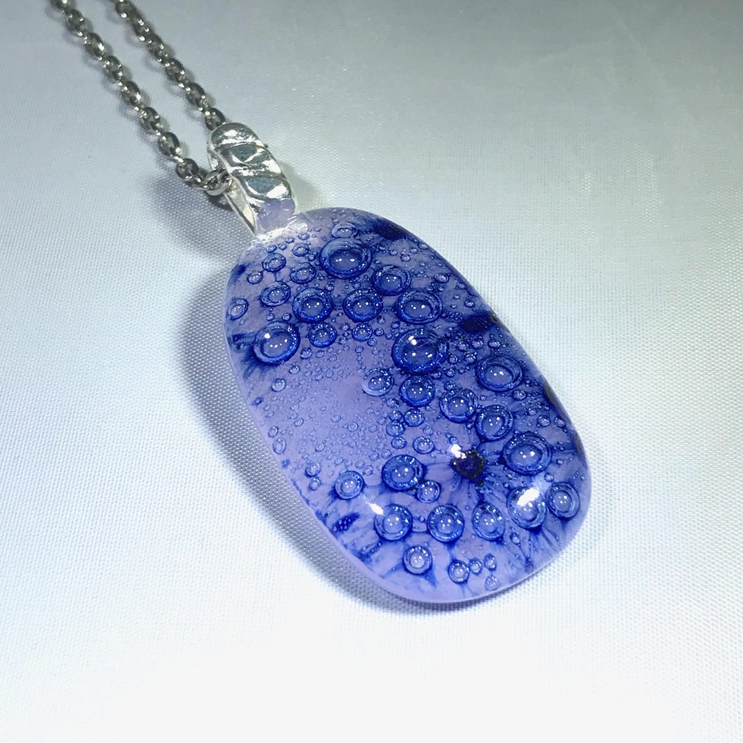 Pendant Blue GLOW in the Dark Jewelry Fused Glass Silver Necklace ...