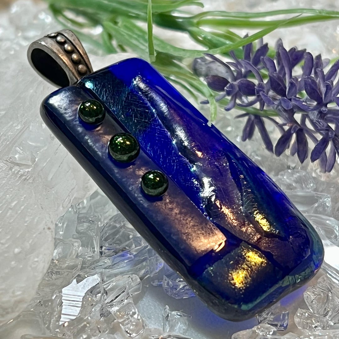 Large Pendant Blue Iridescent Fused Glass Necklace Jewelry: Silver ...