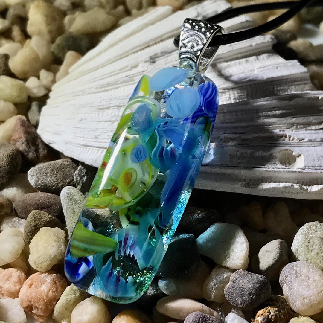Fused Glass Murrini Necklace: Blue Green Floral Pendant Silver Plated ...