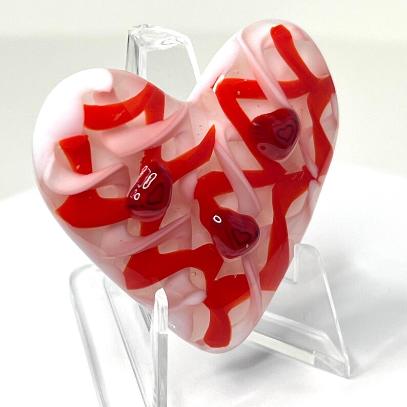 Fused Glass Pocket Heart Bright Red White Zigzag Murrini Romantic Hugs ...