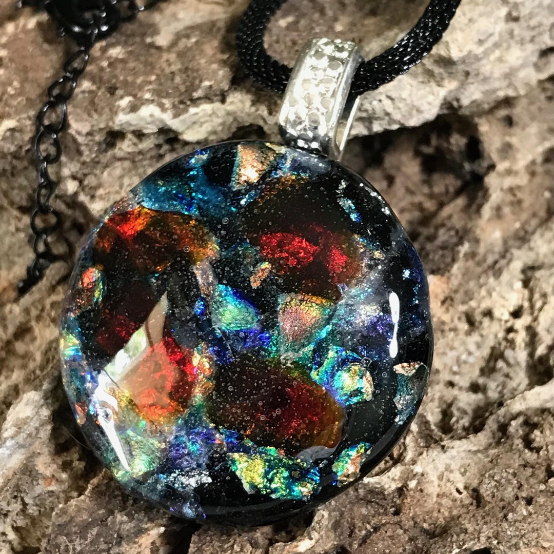 Large Dichroic Sparkle Ruby Red Blue Gold Black Circle Pendant Mother ...